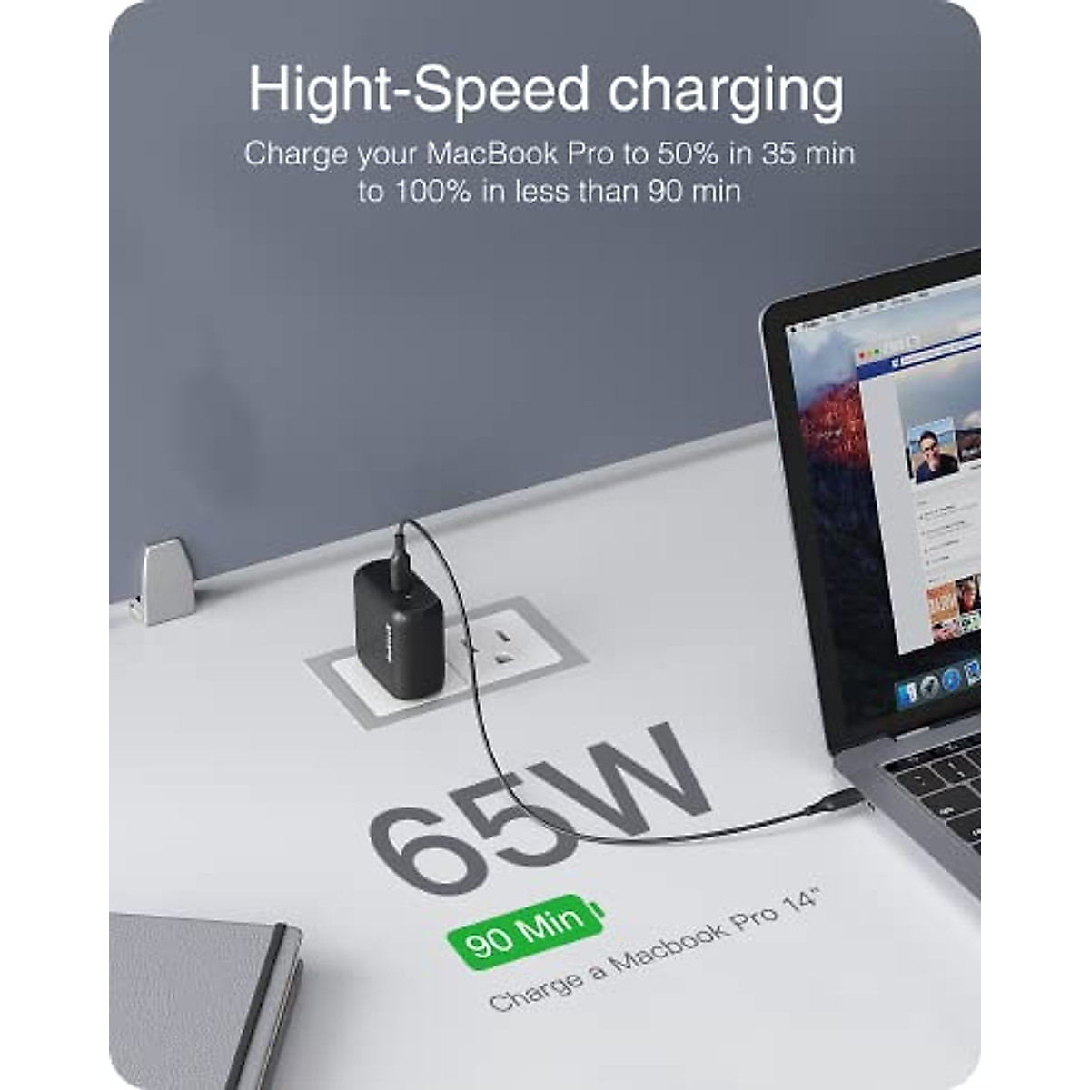 Nekteck Gan II 65W USB C Charger with 6.6ft Long Cable PD 3.0(PPS)[USB-IF Certified] Foldable Fast USB C Wall Charger Compatible with MacBook Air/Pro, Ipad Air/pro, iPhone Series, S21/S20 and More