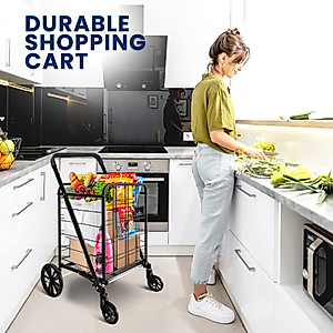 SereneLife Folding Grocery Utility Shopping Supermarket Cart with 360 Rolling Swivel Wheels, Large Capacity 110 lbs, Portable, Collapsible Compact Folding, for Grocery, Laundry, Luggage
