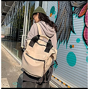 HACODAN Harajuku Grunge Aesthetic Backpack Tote Bag, Women Men Girls Schoolbag Large Back to School (beige)