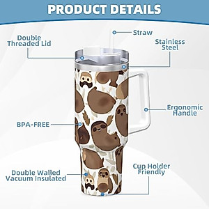 HULIBIN Brown Sloth Print Double Deck Stainless Steel Travel Coffee Cup With Lid 40 Oz Ice Bully Cup