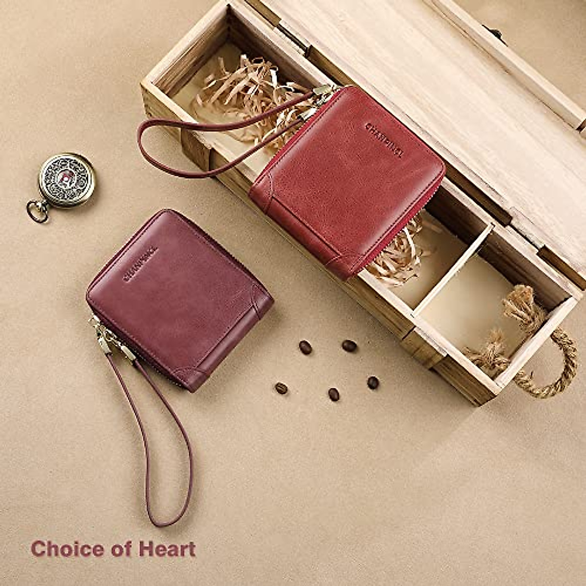 MANBANG RFID Wallets for women Genuine Leather Zipper Purses Secure Large Capacity Multi-card Wallets Clutch Travel Wristlet (Red)