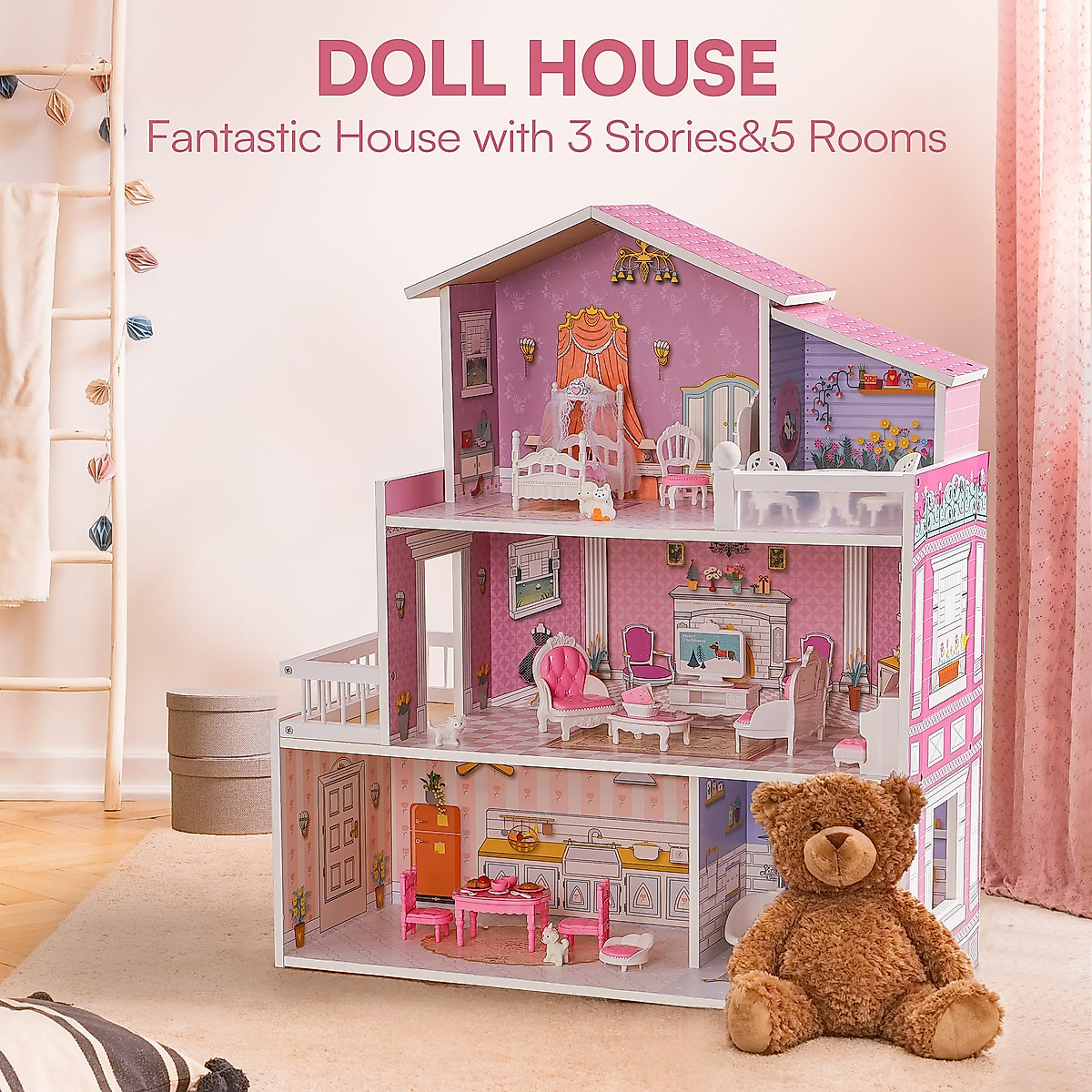 ROBUD Wooden Dollhouse Playset, 3 Stories, 5 Rooms, 24 PCS Furniture, Pretend Play Toys Gift for Kids Toddlers Girls