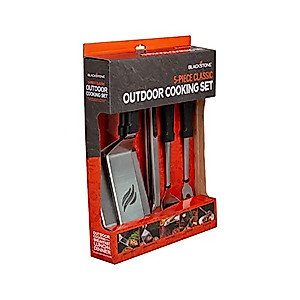 Blackstone 5045 Flat Top Griddle Accessories 5 Pieces Tool Kit - Heat Resistant BBQ Grilling Utensils- 5" Wide Hamburger Spatula, 3" Wide Spatula, 14" Tongs, 14" Serving & Basting Spoon, 14" Fork