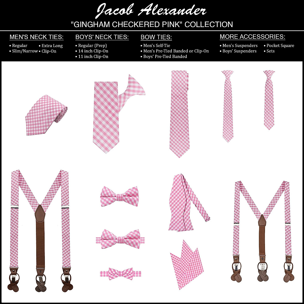 Jacob Alexander Men's Gingham Checkered Pattern Neck Tie - Regular - Pink