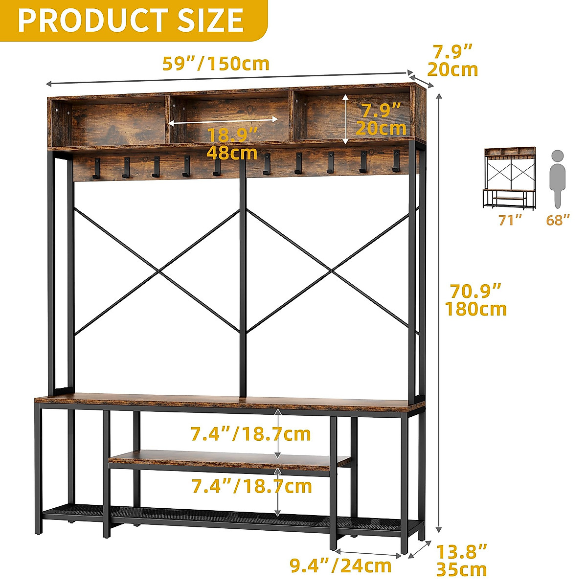 DWVO 5-in-1 Hall Tree with Shoes Storage, Large Coat Rack Shoe Storage Bench, 10 Hooks for Hallway Entryway Bench with Coat Rack, Hall Tree with Bench and Shoe Storage, Rustic Brown