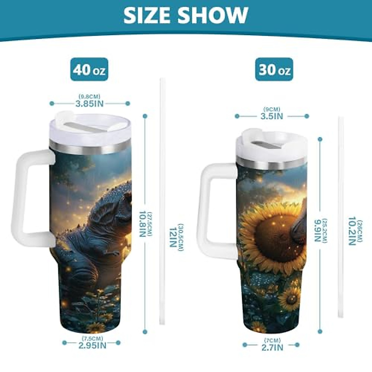 Slewiaeky Tumbler with Handle 40 oz Lovely Beast Dinosaur T Rex Travel Mug with Lid and Straw Stainless Steel Vacuum Insulated Water Bottle Cup for Iced Tea Coffee Cold Beverages Cup Holder Friendly