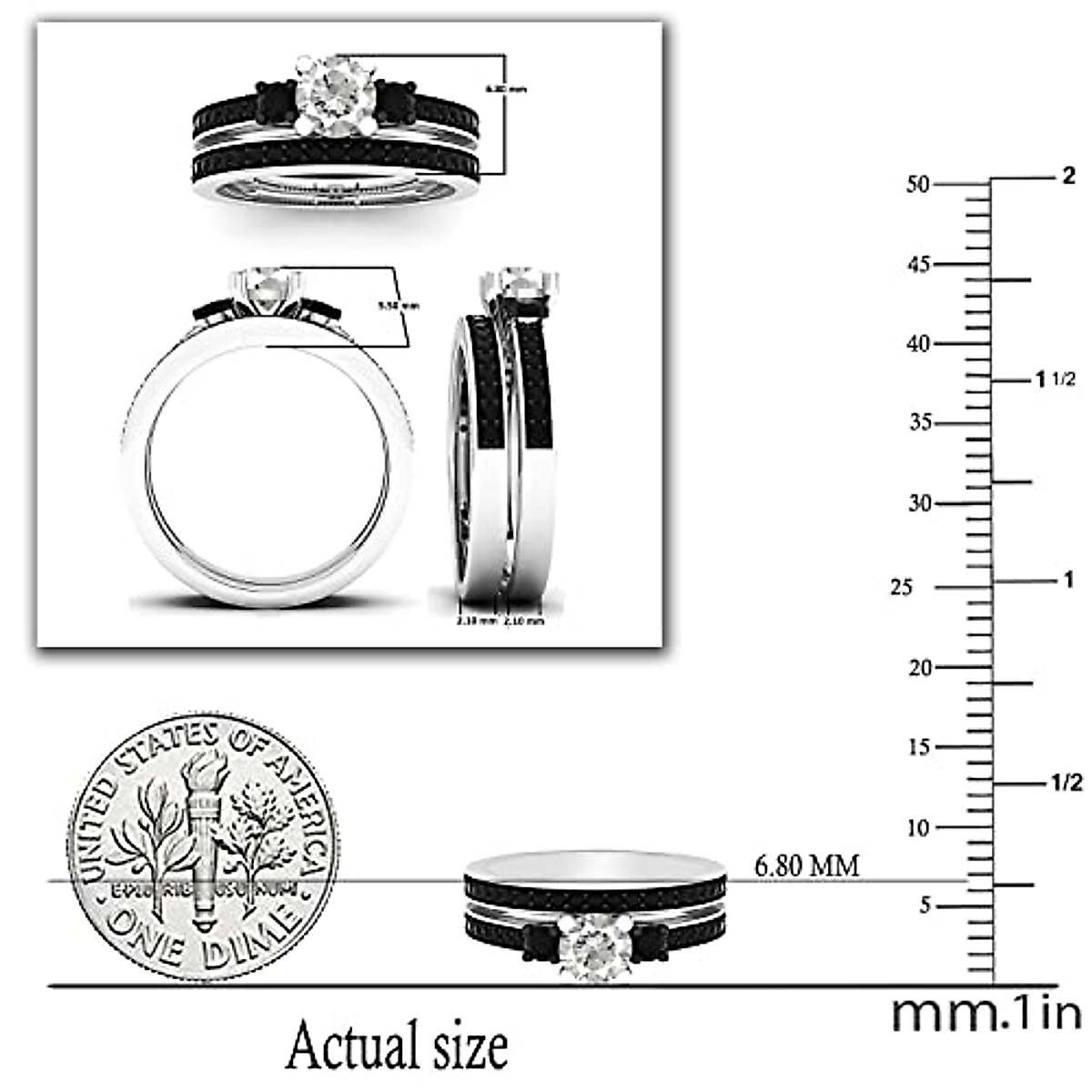 Dazzlingrock Collection 5 MM Center Round Lab Created White Sapphire with Natural Black Diamond Three Stone Engagement Ring Set for Women | 925 Sterling Silver, Size 7.5