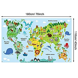 World Map Backdrop Animal Landmarks World Map Tapestry for Kids Educational Cartoon Animals World Background Wall Hanging for Nursery Bedroom Living Room Classroom Dorm or Animals Party Decorations