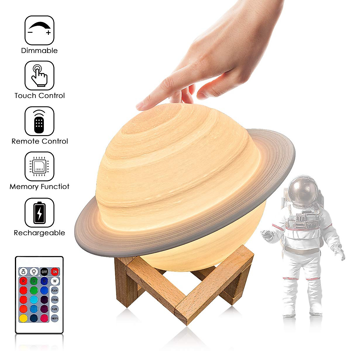 SOONHUA Saturn Lamp, 8.6 inch Moon Lamp 16 Colors LED Moon Night Light USB Rechargeable with Remote&Touch Control Bedside Lamp Gifts for Boys Girls Kids Friends Birthday