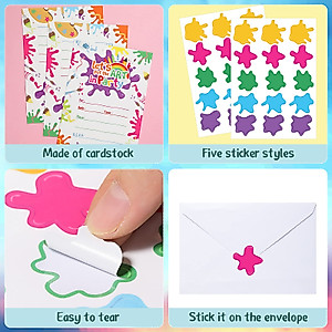 Pajean 24 Set Art Painting Party Invitations with Envelopes Colorful Birthday Invitation Cards Paint Themed Invitation Letters Paint Fill in Invites with 30 Stickers for Art Party Supplies