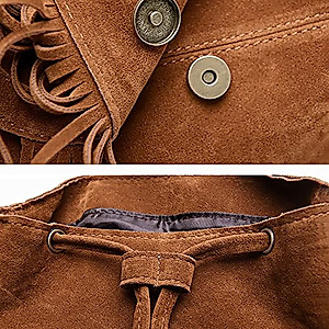 Womens Bucket Bag Drawstring Faux Suede Tassel Crossbody Shoulder Backpack (Black)