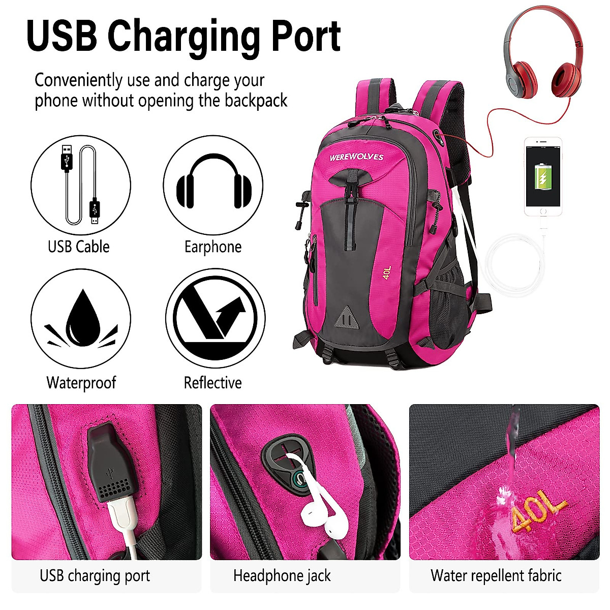 WEREWOLVES 40L Hiking Backpack, Outdoor Travel Camping Sport Lightweight Daypack for Women Men