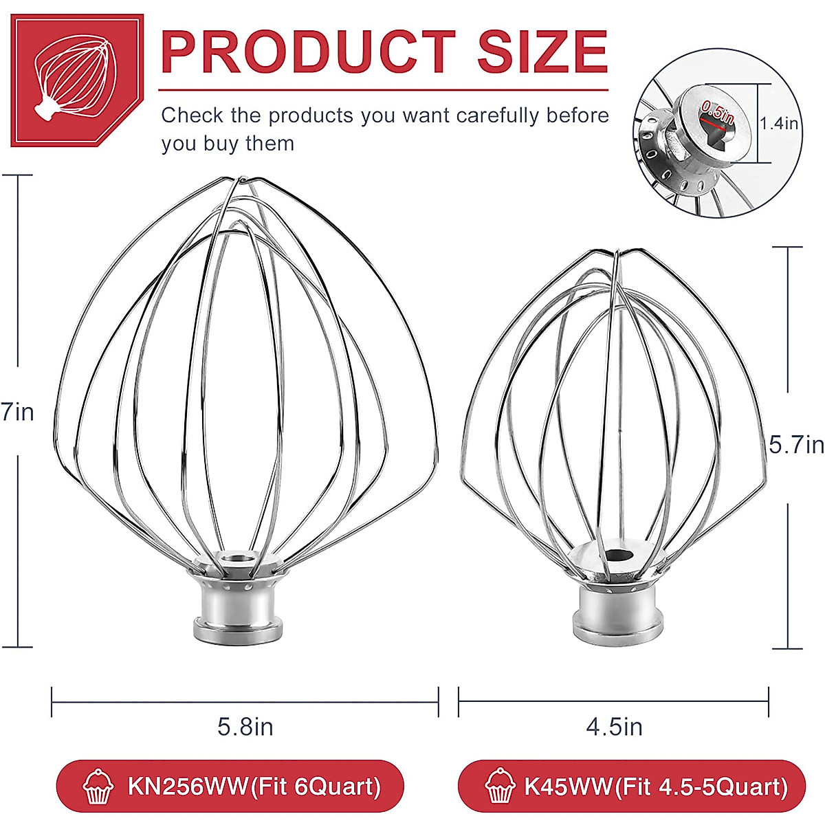 Wire Whip Attachment for KitchenAid 5-6 Quart Bowl-Lift Stand Mixers, K5AWW Wire Whisk Replacement, Egg Heavy Cream Cakes Mayonnaise Whisk, Silver