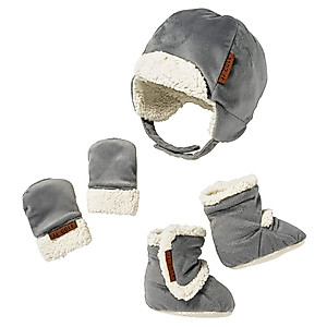JJ Cole Graphite Gray Winter Baby Hat, Mittens, Booties Set - Infant to 6 Months, Sherpa Lined, Adjustable - Unisex Babies Essentials