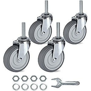 Finnhomy Caster Wheels 3 Inch Set of 4 Heavy Duty Threaded Stem Casters 3/8"-16 x 1-1/2" Swivel Rubber Industrial Castors Premium Wheels for Wire Shelving/Furniture/Carts Load Bearing 720 Lbs Gray