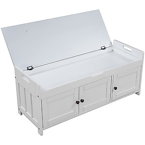 RUNNA Storage Bench with 3 Shutter-Shaped Doors Wood Entryway Bench Shoe Bench with Removable Cushion and Hidden Storage Space Saving,Great for Foyer entrances (White#1)