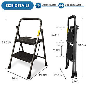 2 Step Ladder, GOLYTON 2 Lightweight Folding Step Stool with Wide Anti-Slip Pedal and Comfort Handgrip, Lightweight 500 lbs Portable Steel Ladder Multi-Use Household and Office, Grey