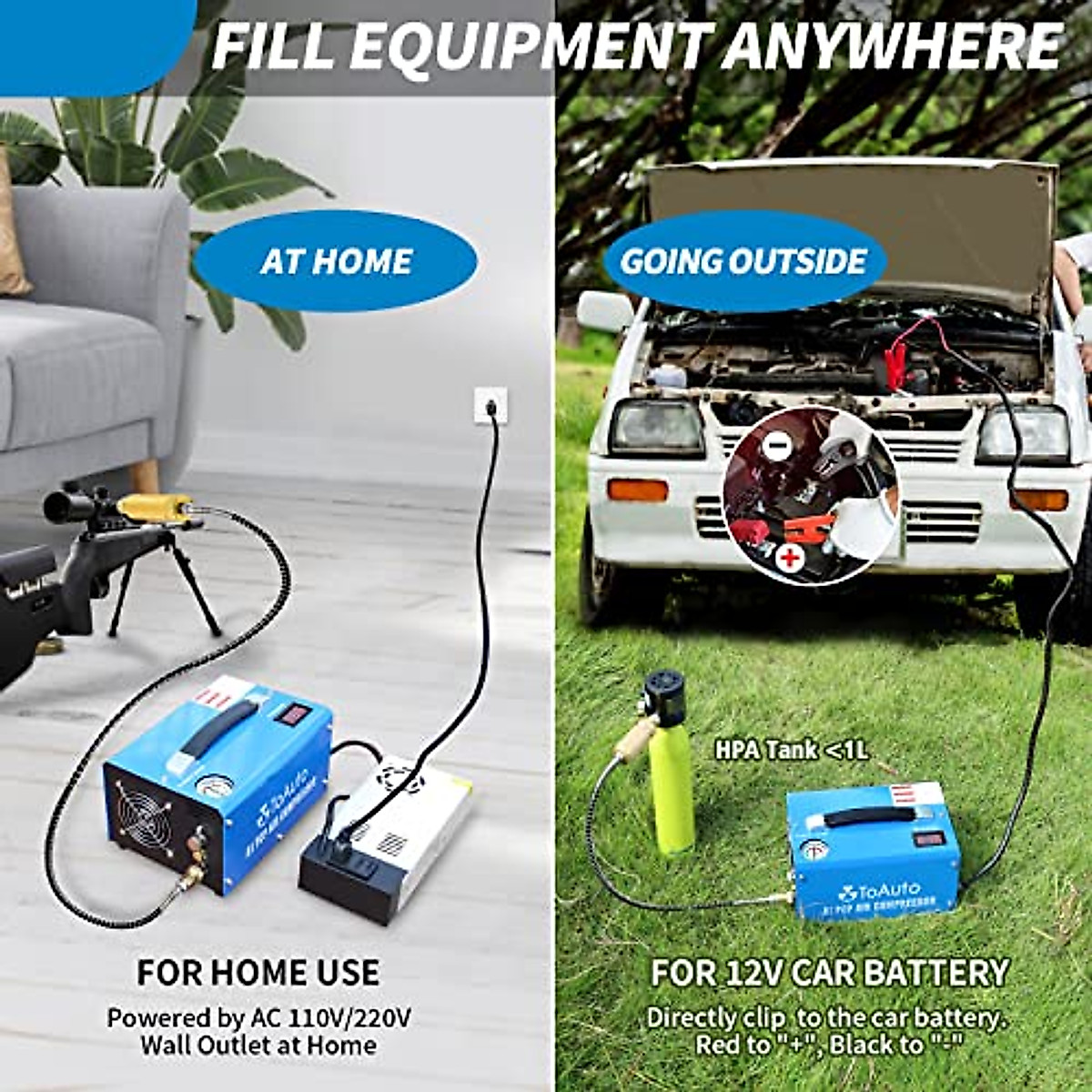 TOAUTO A1 PCP Air Compressor,4500Psi 30Mpa, Water/Oil-Free, One Button Start, Bursting disc, Powered by Car 12V DC or Home 110V AC with Adapter HPA Compressor for Paintball/PCP Rifle/Mini Scuba Tank
