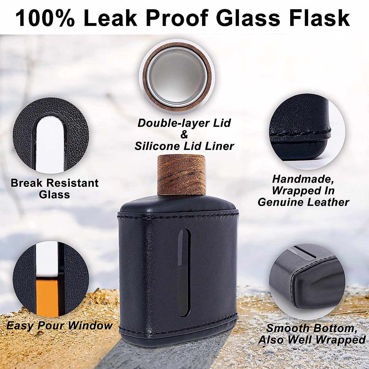 Garybank Handmade Genuine Leather Hip Flasks for Liquor for Men, Glass Whiskey Flask with Funnel & Wood Lids Leakproof for Hennessy Liquor & Spirits, Premium Whiskey Set Gifts Idea (Black, 200ml)