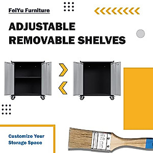 Metal Storage Cabinet with Wheels, Mobile Garage Cabinet with Locking Doors and One Adjustable Shelf, Lockable Storage Cabinet for Utility Room, Home, Office