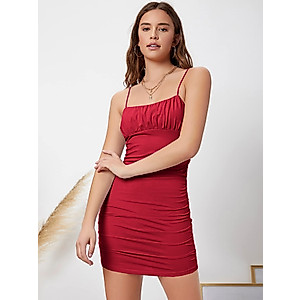 Verdusa Women's Ruched Bust Spaghetti Strap Mini Cami Bodycon Short Dress Red M