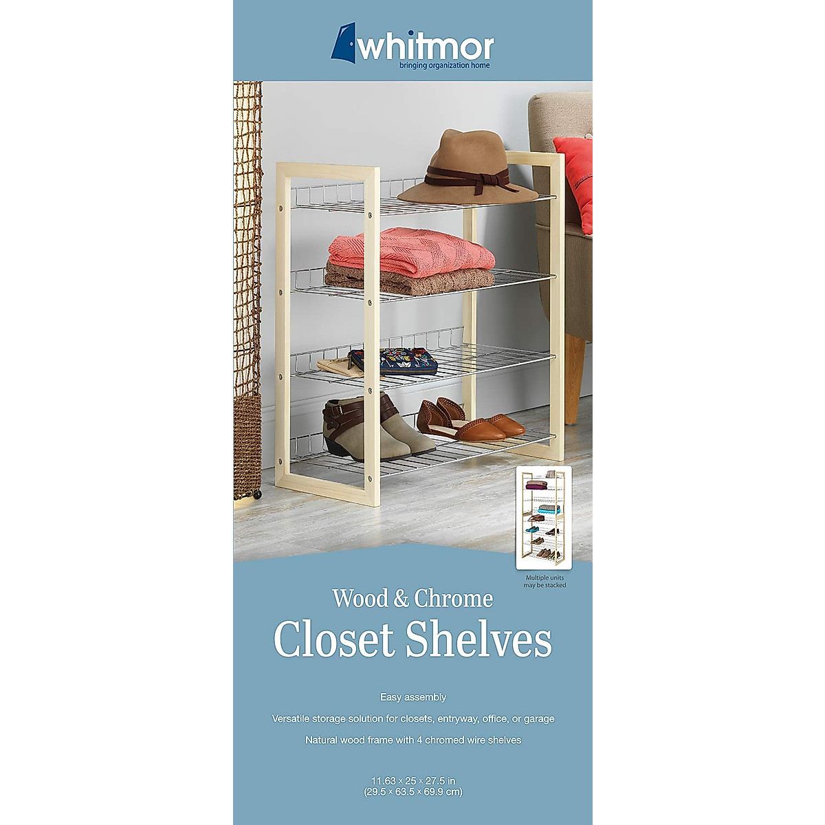 Whitmor 4 Tier Storage Organizer-Natural Wood and Chrome Closet Shelf