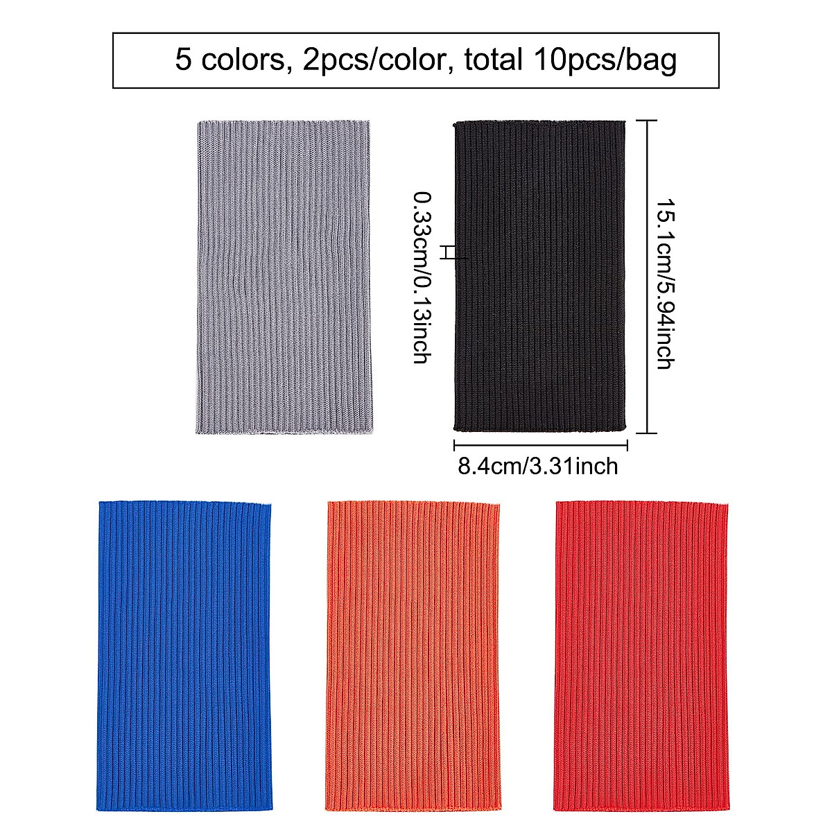 BENECREAT 10Pcs 5 Colors Knit Cuff Sleeve Ribbing Cuff Material, 5.9x3.3inch Tubular Rib Cuffing Replacement for Waistband Leg Arms Wear Cotton Padded Jacket Sportswear Cuffs Extension