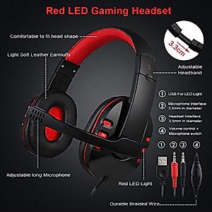 BlueFinger Gaming Keyboard Mouse Headset Combo,USB Wired Crack Backlit Keyboard,114 Keys Letters Glow LED Keyboard,Red LED Light Headset for Laptop PC Computer Work and Game