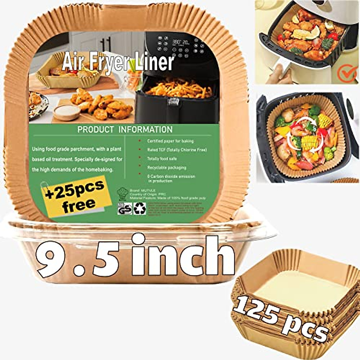Liners for Air Fryer Basket, XL Disposable Air Fryer Paper Liners for Power XL, Chefman, Instant Pot Air Fryer Basket, Air Fryer Parchment Paper Liners 9.5 Inch Square, 125PCS Air Fryer Oven Liners