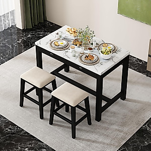 Bellemave 3-Piece Modern Console Table Set with Bar Table, 2 Stools, Storage Drawers, Faux Marble Top for Kitchen, Dining Room (Black)