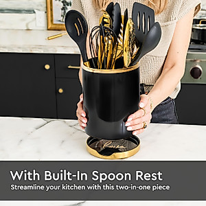 Black and Gold Knife Set with Block Self Sharpening, Black Utensil Holder with Built-In Ceramic Spoon Rest and Gold Cooking Utensils Set-21 Piece Luxe Black and Gold Kitchen Accessories