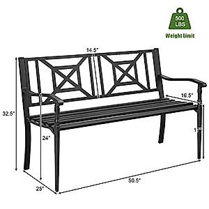 Giantex Patio Garden Bench, Heavy-Duty Park Bench w/Powder Coated Steel Frame, Elegant Loveseat w/Decorative Backrest & Ergonomic Armrest for Outdoor Garden, Backyard, Lawn, Porch, Path (Black)
