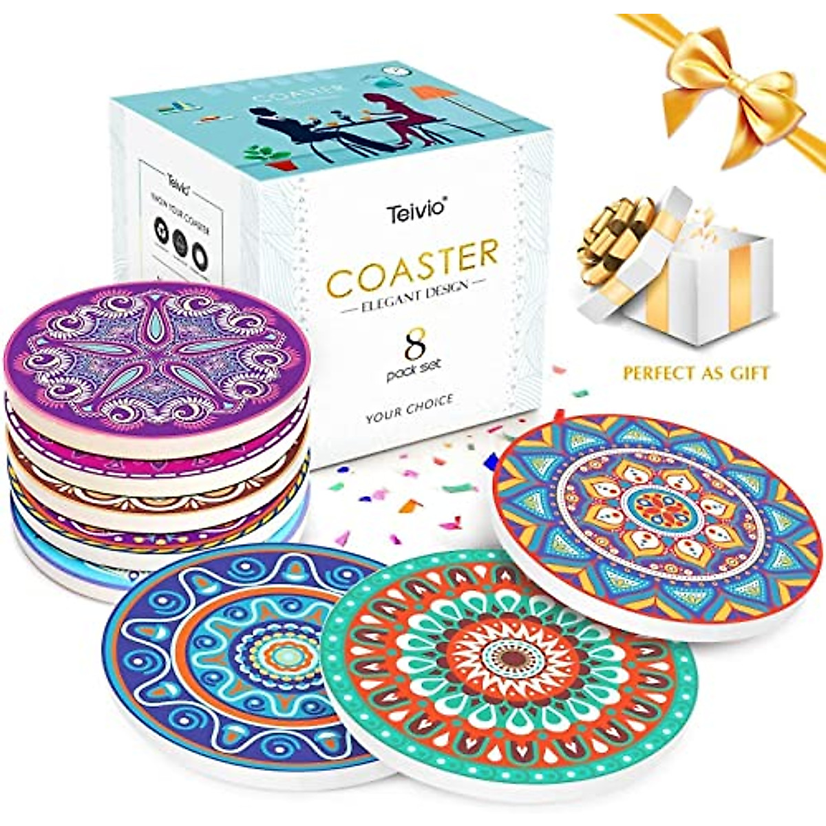 Teivio Absorbing Stone Mandala Ceramic Coasters for Drinks Cork Base with Holder, for Friends Funny Birthday Housewarming Apartment Kitchen Bar Decor, Suitable for Wooden Table, Coffee Table, Set of 8