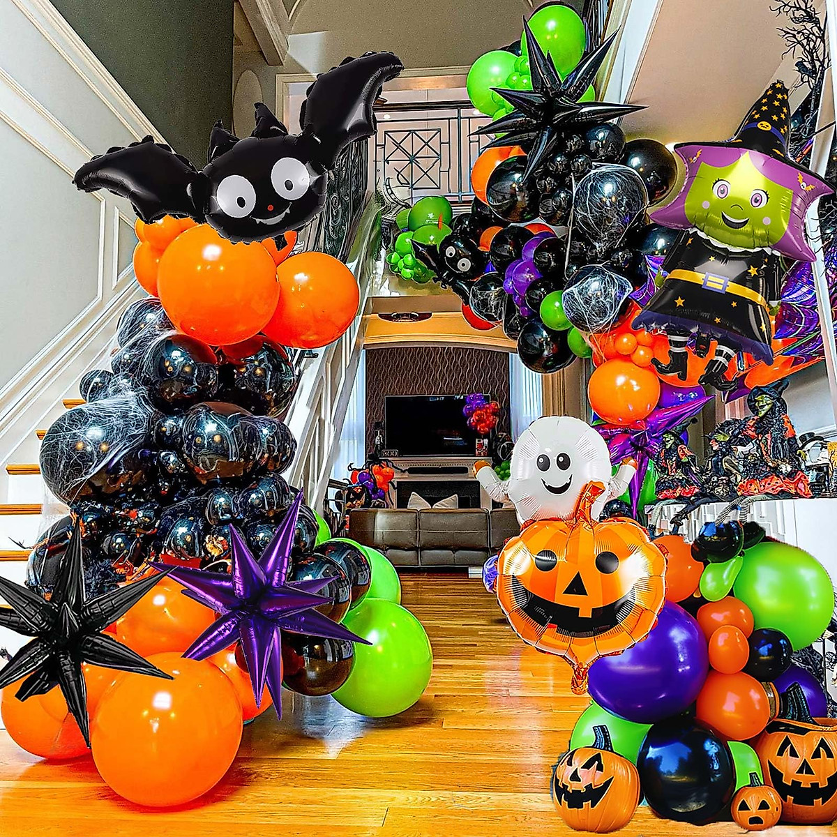 Halloween Balloon Garland Arch Kit 170pcs Orange and Black Purple green balloons with Spooky Spider Bat Pumpkin foil Balloons for fall Halloween Party Decorations
