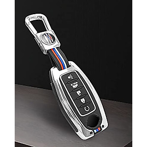 Key Fob Cover with Key Chain Only Fit for Nissan 5 Buttons Smart Key, Soft Silicone Full Protection and Metal Shell Smart Key Case, Silver