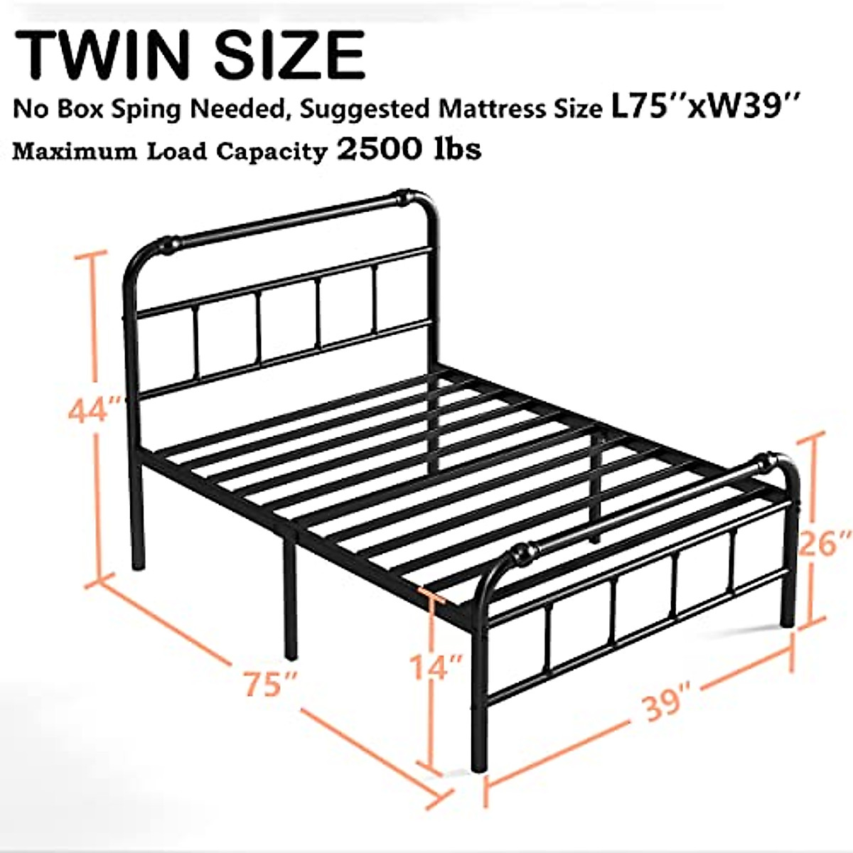 ZIYOO Twin Bed Frame with Headboard and Footboard, 14 Inch High, Heavy Duty Steel Slats with 2500lbs Support for Mattress, No Box Spring Needed, Noise-Free, Easy Assembly-Black