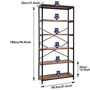 5 Tier Industrial Bookshelf, Vintage Standing Storage Shelf, Display Shelving Units, Tall Bookcase, Industrial Metal Book Shelves for Living Room Bedroom and Home Office