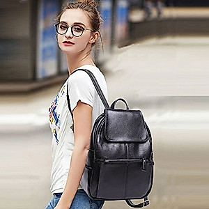 NIGEDU Women Backpacks Simple Genuine Leather Backpack School Bag Large Travel Bag (Black)