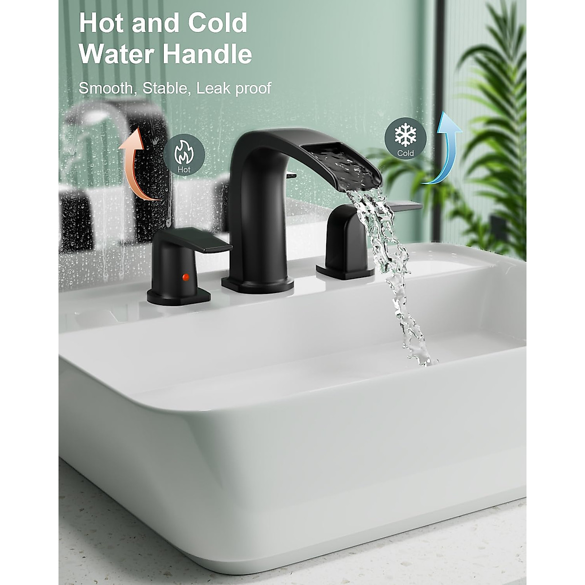 Waterfall Bathroom Sink Faucet, 3 Hole Matte Black Brass Modern Deck Mount 2 Handle Vanity Faucet with Metal Pop-up Drain Stopper & Water Supply Hoses