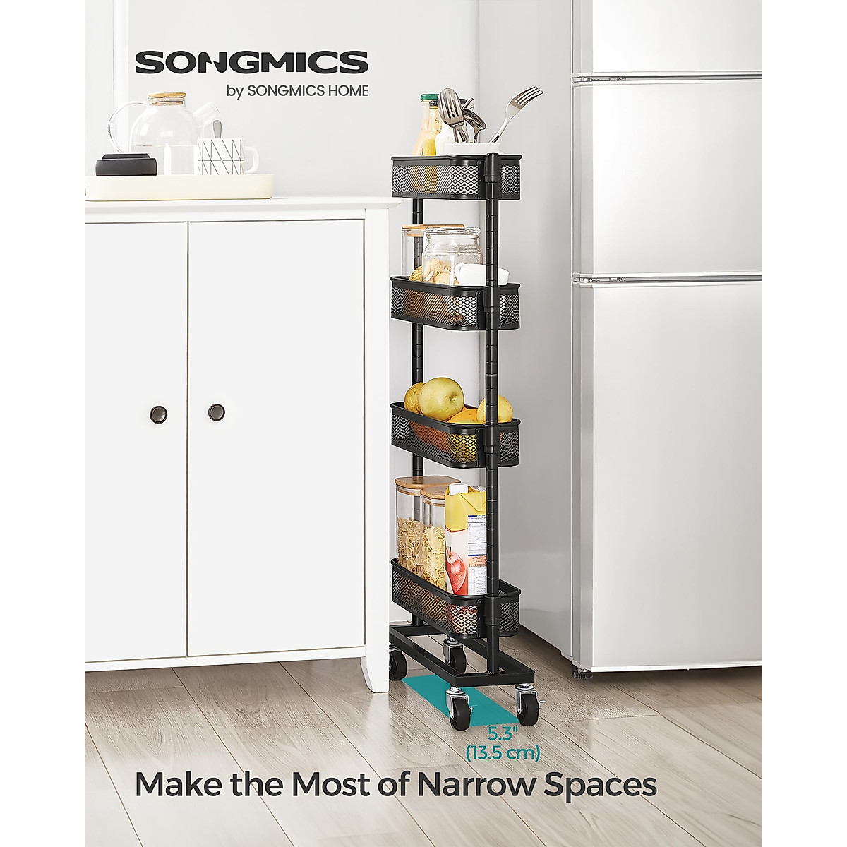 SONGMICS Slim Storage Cart, 4-Tier Metal Rolling Cart with Wheels, Flexible Baskets, Narrow Cart for Kitchen, Bathroom, Laundry Room, Easy Assembly, Black UBSC065B01