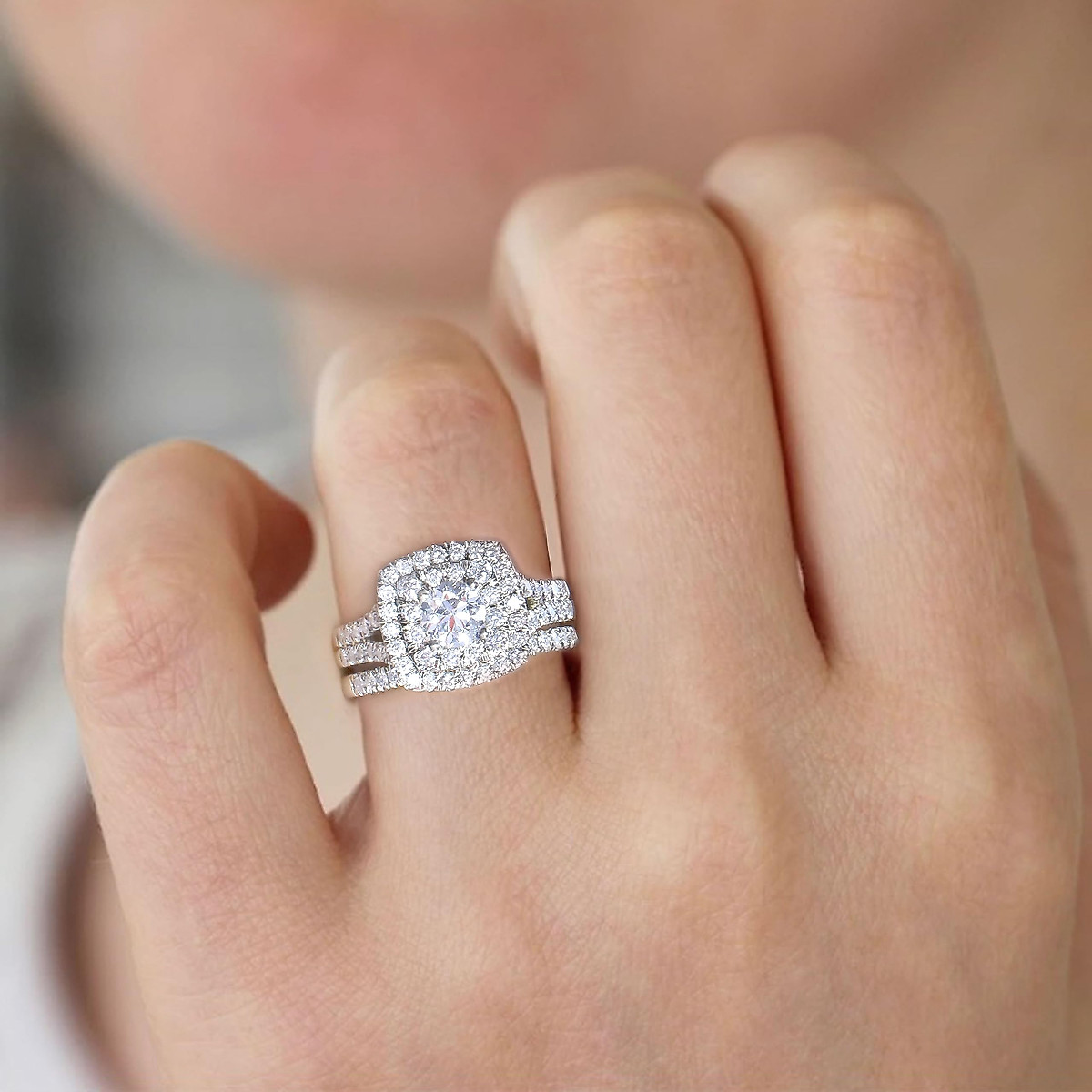 IGI Certified 14k White Gold 2ct TDW Round Cut Diamond Double Halo Engagement Ring Set (I-J, I2)