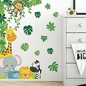 Supzone Jungle Animal Wall Decals Green Palm Leaf Wall Stickers Cartoon Elephant Giraffe Monkey Wall Art Sticker for Kids Baby Nursery Playroom Bedroom Girls Boy Room Wall Decor