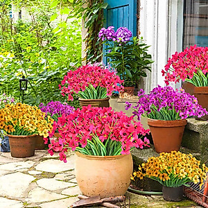 AUMVEYI 4 Bundles Artificial Plants Outdoor Fake Mums Flowers Bulk UV Resistant Faux Greenery Plastic Floral Decoration for Home Outside Garden Porch Hanging Planter décor