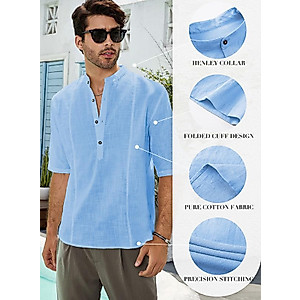 JMIERR Mens Casual Cotton Linen Texture Henley Shirt Short Sleeve Button Down Shirt Summer Beach Tropical Cruise Shirts US 40(M) Sky Blue
