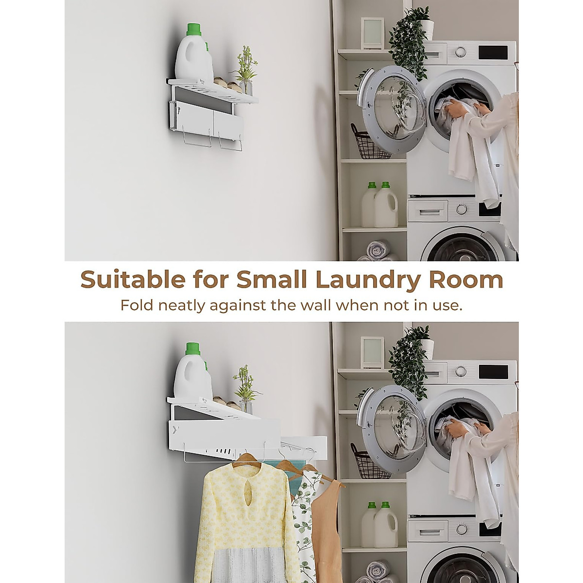 yamagahome Clothes Drying Rack Wall Mounted with Extra Storage Board, Laundry Drying Rack Collapsible with Handle, Collapsible Drying Racks for Laundry for Indoor and Outdoor, 31.5''