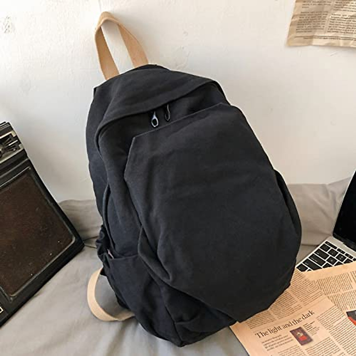 Kaupuar Minimalist Aesthetic Canvas Backpack Simple School Daypack for Adults and Teens (Black)