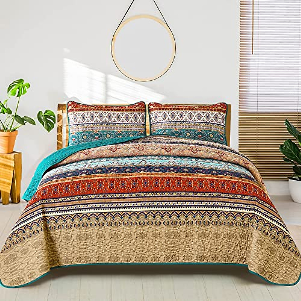 WONGS BEDDING Boho Queen Quilt Set, Green and Brown Bohemian Queen Quilt Bedding Set, Lightweight Microfiber Bed Decor Bedspread for All Season 96"x90"(3 Pieces)