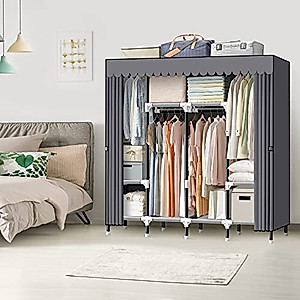 LOKEME Portable Closet, 67 Inch Wardrobe Closet for Hanging Clothes with 4 Hanging Rods, 25mm Steel Tube Clothes Storage Organizer for Extra Sturdy, Quick and Easy to Assembly, Gray Cover