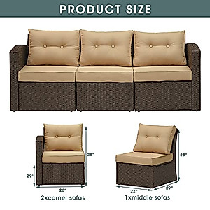 SUNVIVI OUTDOOR Patio Couch Sofa,3-Seat Outdoor Wicker Brown Rattan Sectional Couch Furniture Aluminum Frame with Non-Slip Beige Cushion