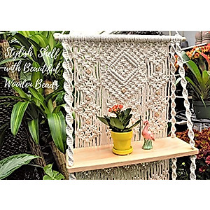 Macrame Wall Hanging Shelf-ideal décor-plants storage bookshelf-Bohemian Decorative Shelves-Boho Floating Indoor Shelving–For bedroom kitchen bathroom room with window Plant hanger 3 Tier Diamond